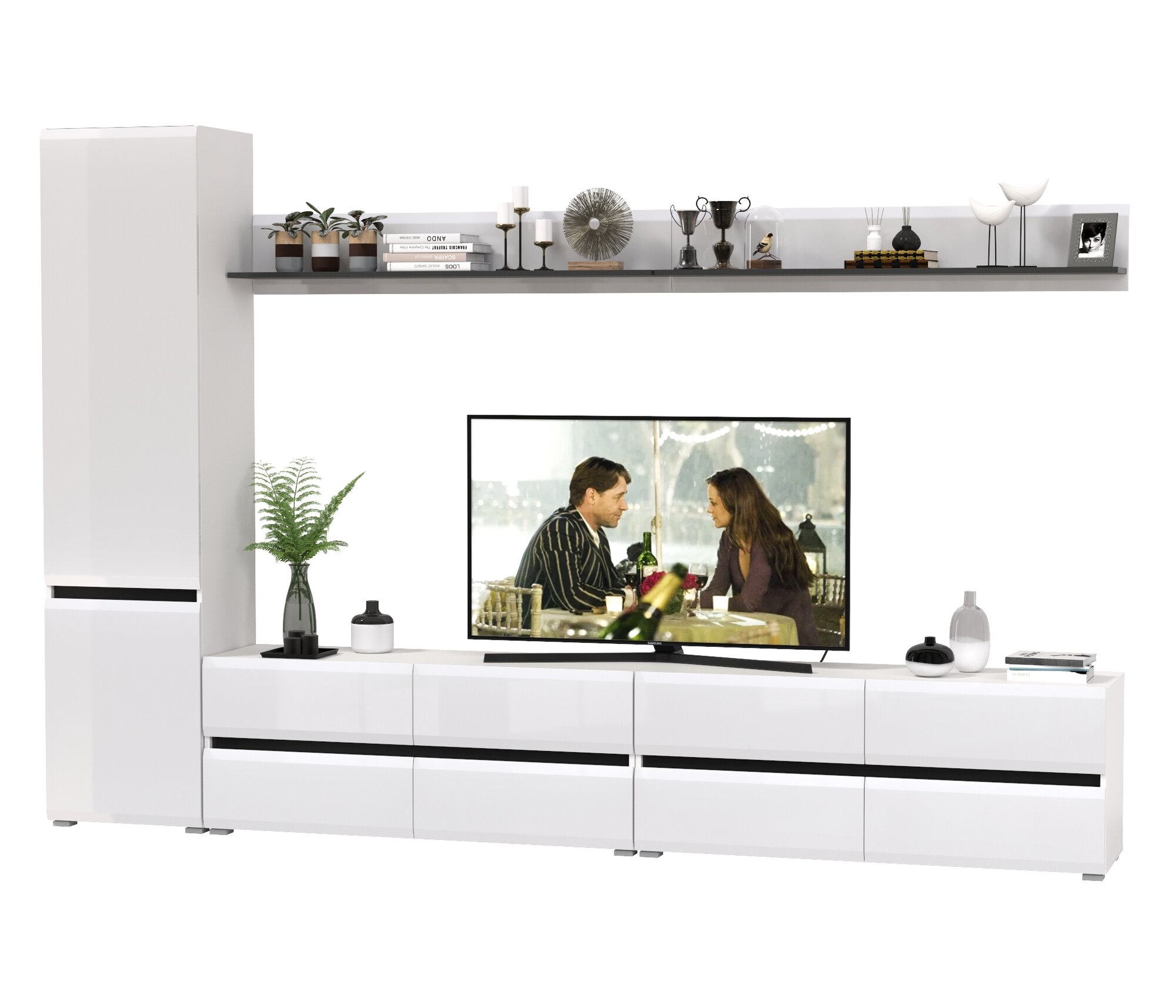 Две ТВ-тумбы с двумя полочками и шкафом Сидней, цвет белый/чёрный/МДФ белый глянец, 309,8х41,3х205,2 см.