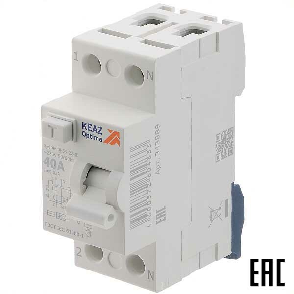 УЗО OptiDin DM63-2240 тип АС 40А-30мА 230В 1P+N 4,5кА 343889 КЭАЗ