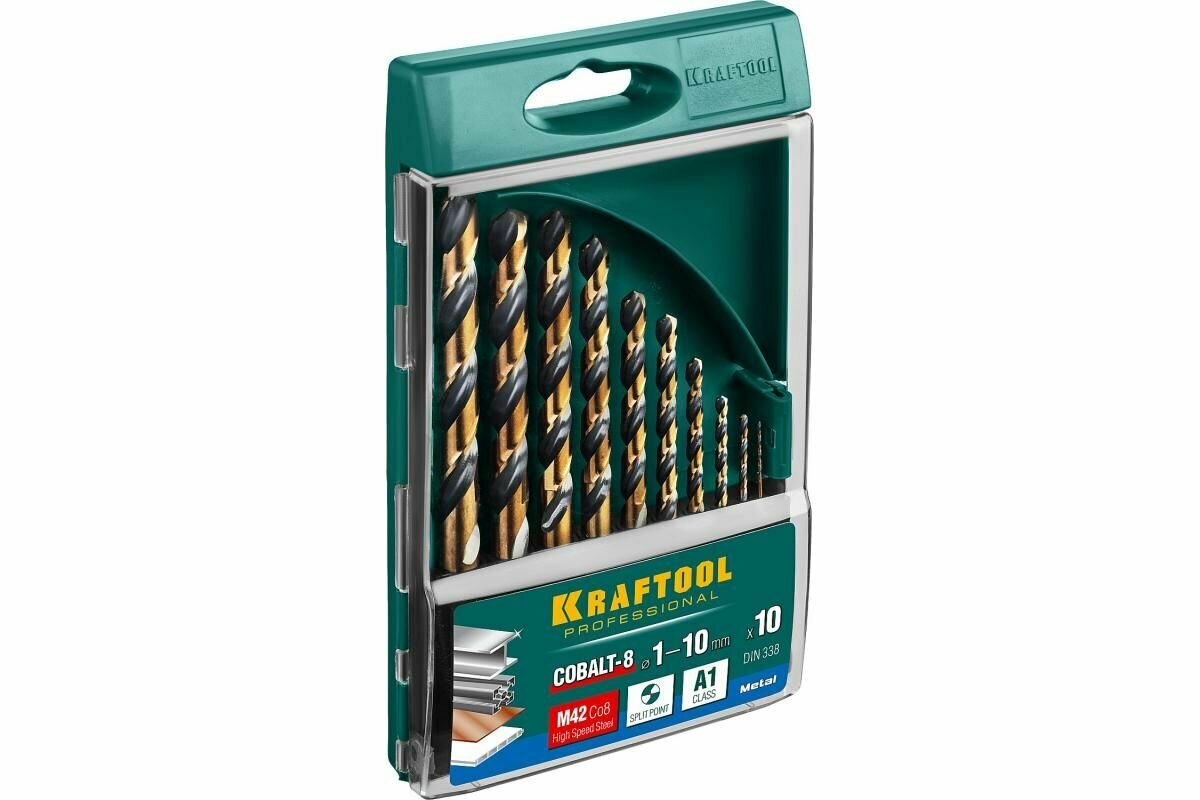 KRAFTOOL COBALT-8, 10 шт, (1-10 мм), сталь М42, HSS-Co(8%), набор сверл по металлу 29656-H10