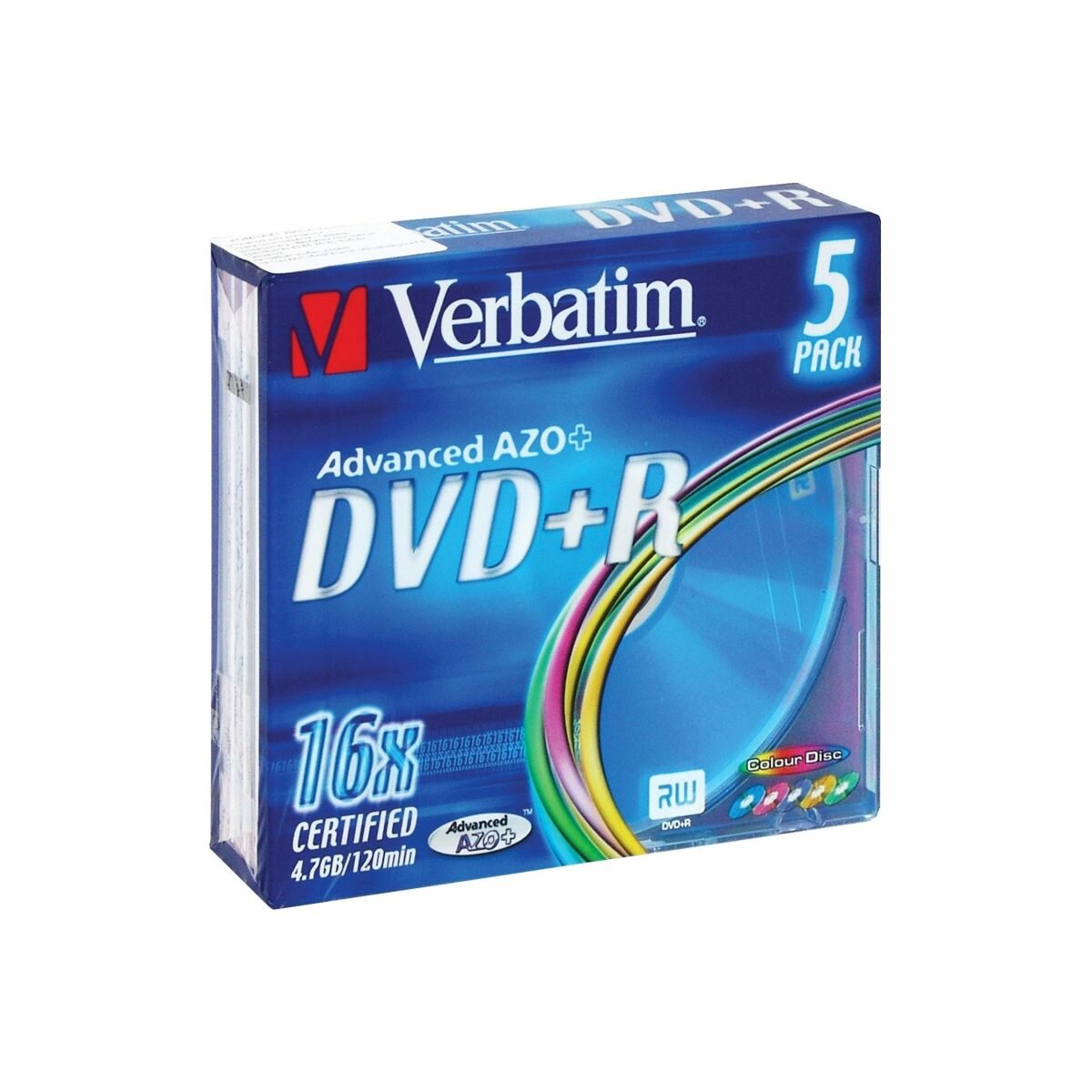Оптический диск DVD+R Verbatim 4.7Gb, 16x, slim case, разноцветные, 5шт. (43556)