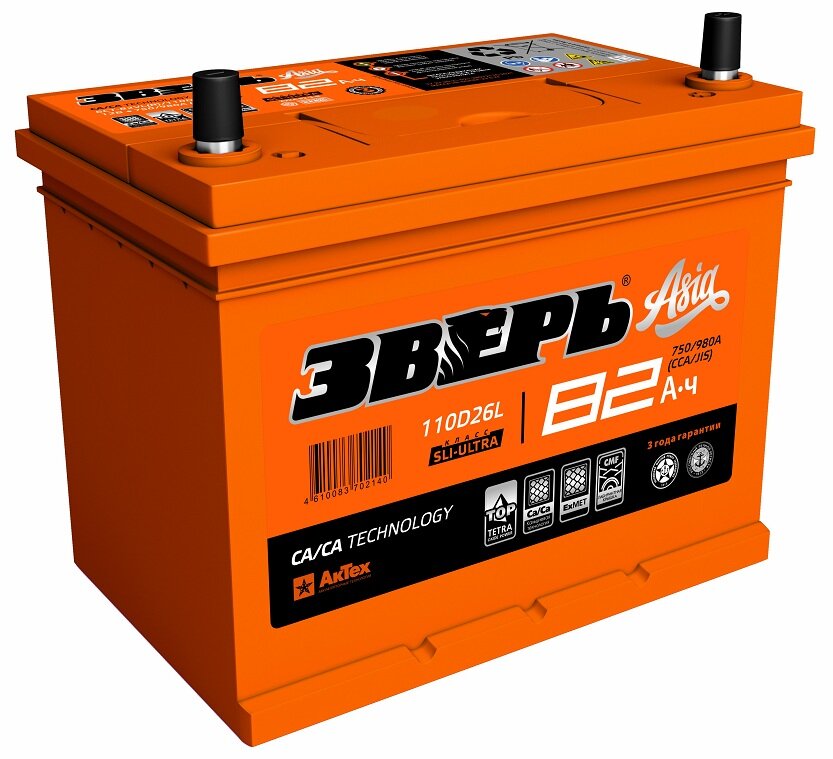 Аккумулятор автомобильный Зверь Asia 82 А/ч 750 А обр. пол. 110D26L Азия авто (255x171x221) с бортиком