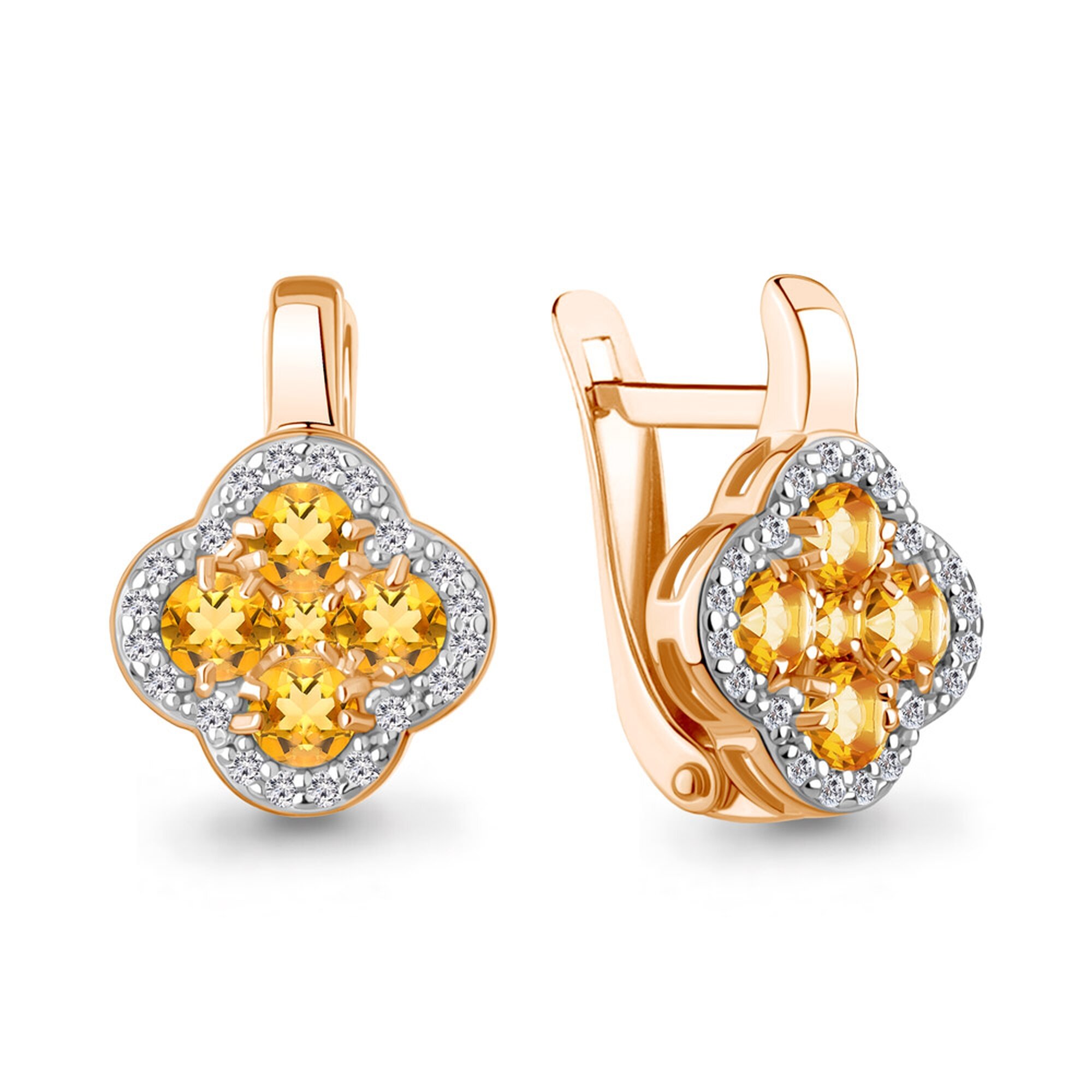 Серьги, серебро, 925 проба, золочение, фианит, цитрин