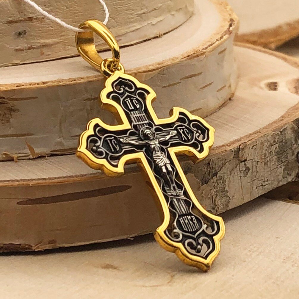 Крестик, серебро, 925 проба, оксидирование, золочение, чернение