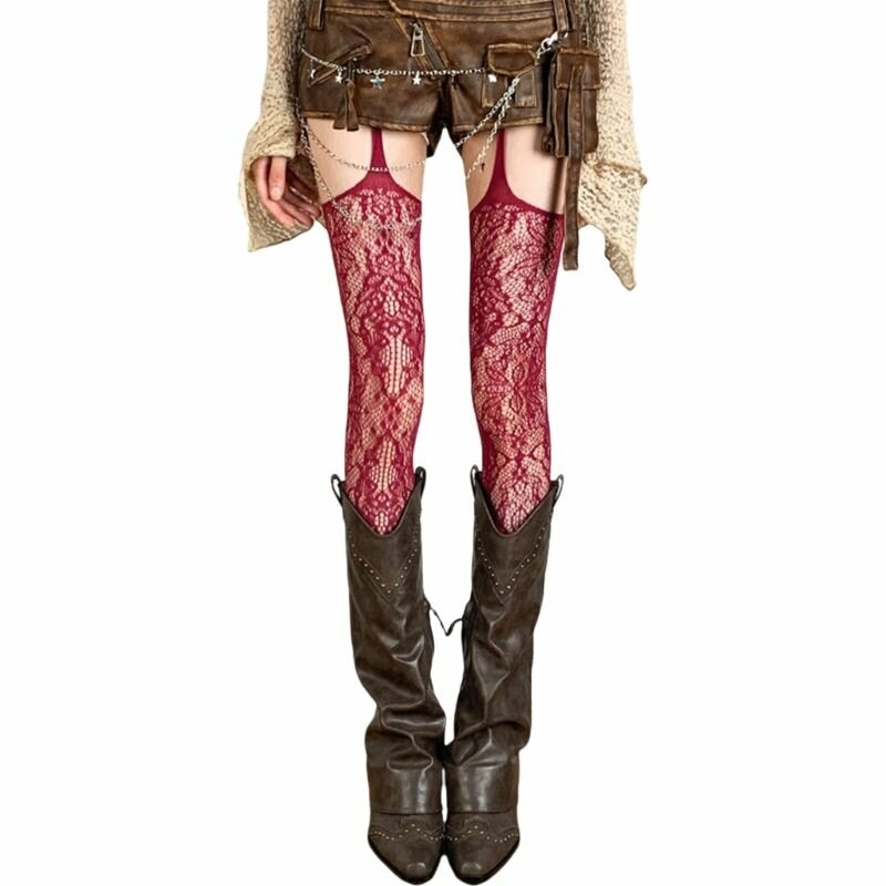 Жаккардовые чулки на подтяжках-красные