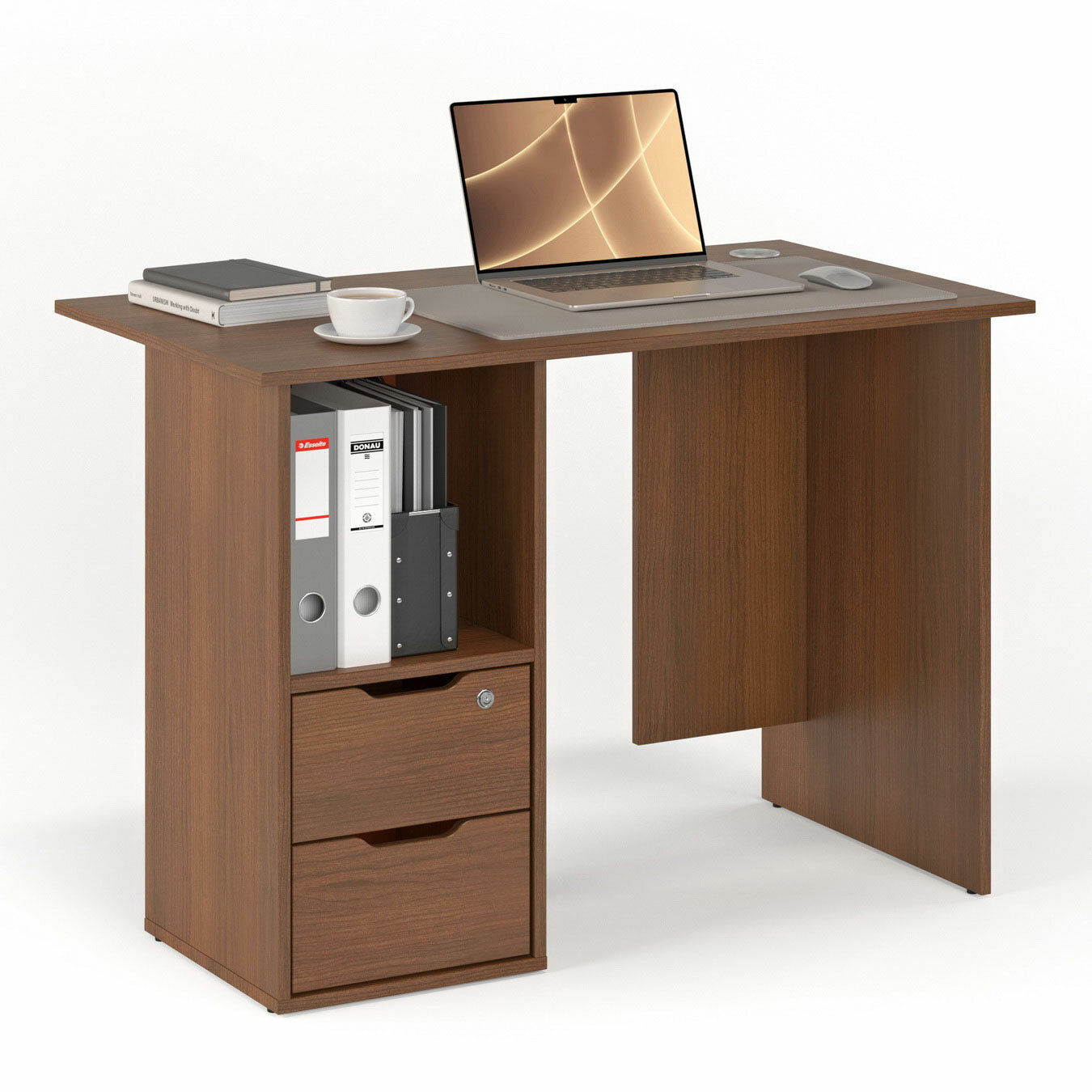 Письменный стол с двумя ящиками и высокой нишей для папок 107х52 см. МагМебель №52 тумба слева орех