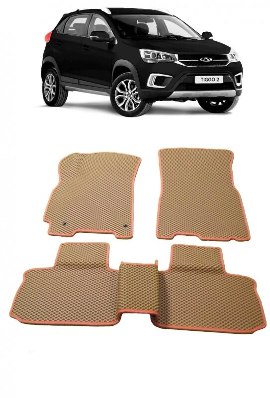 Ева коврики Chery Tiggo 2 2016 - 2020/ Ева ЭВА сота/ цвет Серый c красной окантовкой / EVA Smart / коврики в салон автомобиля Чери