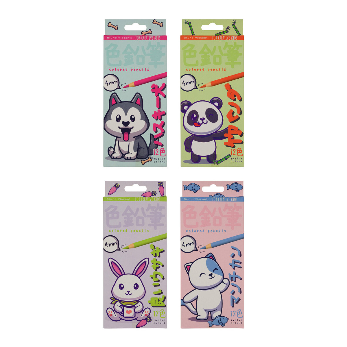 Карандаши цветные пластиковые 4,0 ММ "KAWAII ANIMALS", 12 цветов, 4 вида, цена за 1 пачку