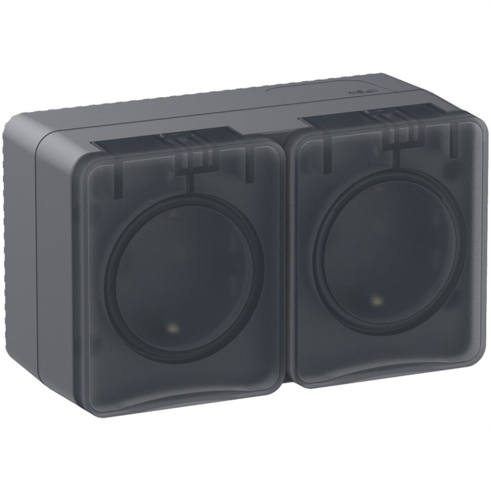 Розетка двойная Systeme Electric AtlasDesign PROFI IP54 с/з, со шторками, 16А 250B, открытой установки, Антрацит