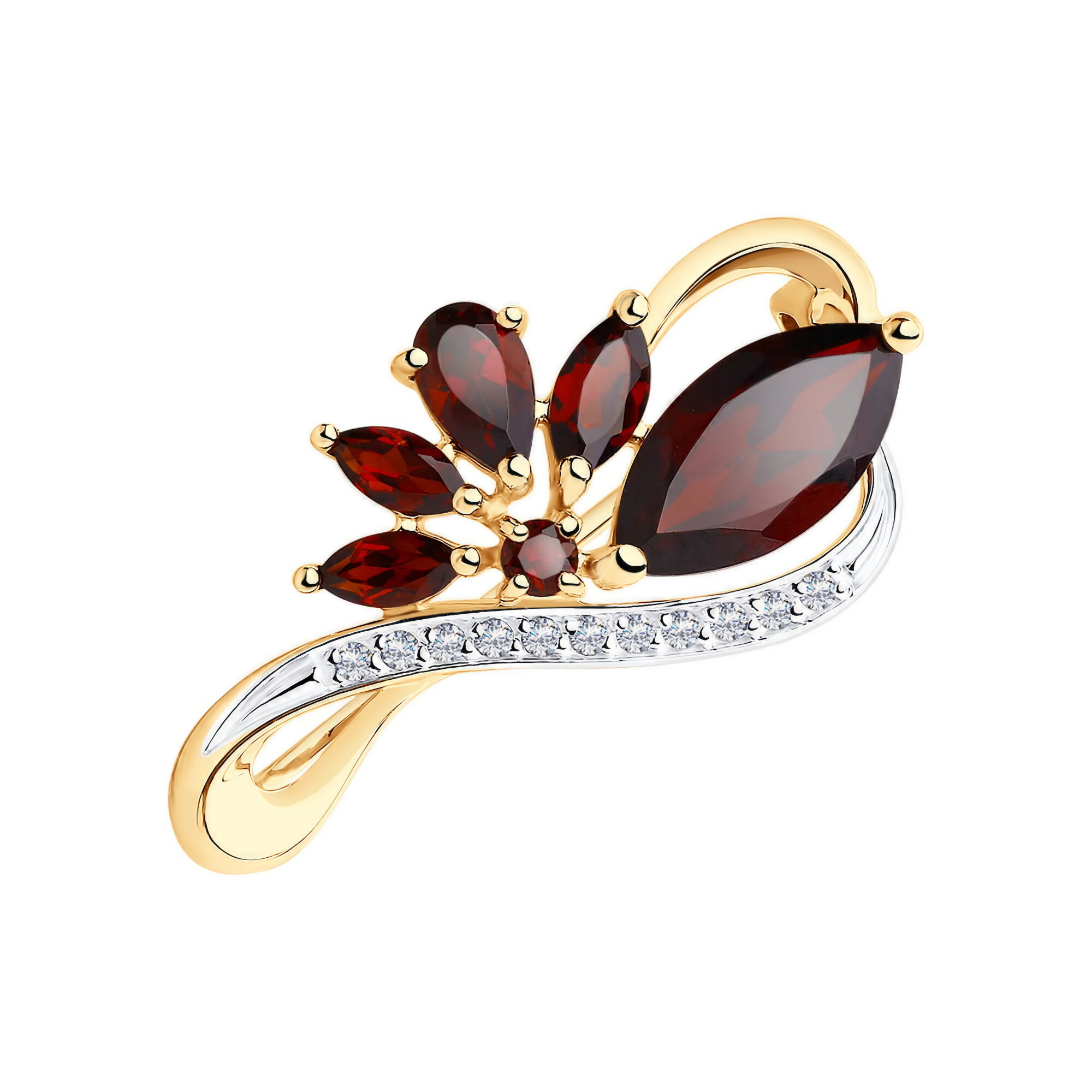 Брошь, красное золото, 585 проба, фианит, гранат