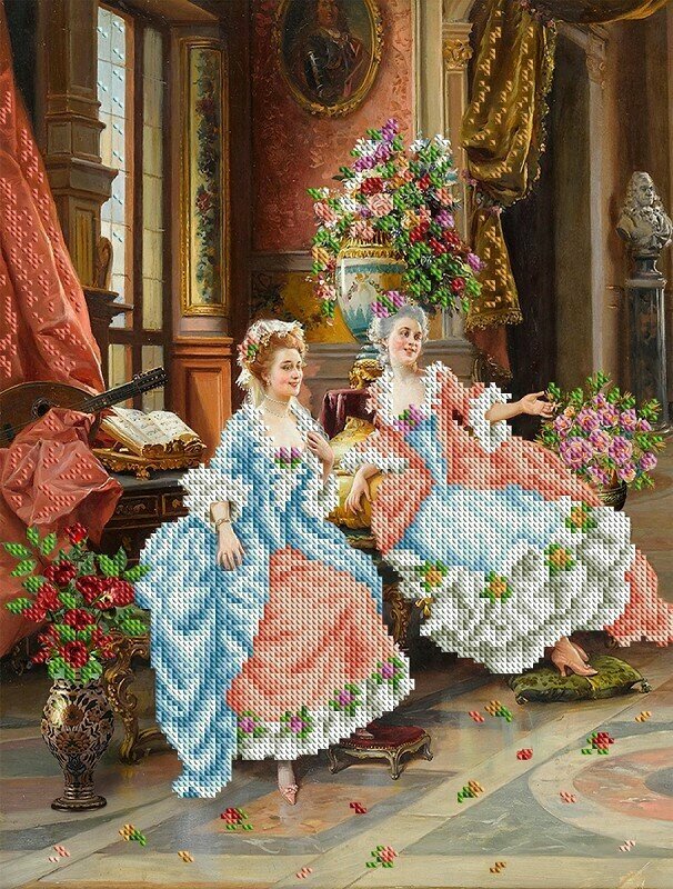 Ткань с рисунком для вышивания бисером Каролинка #ТКБЛ 3064 Разговор сестер, Вышивка бисером, 27 х 36 см (Бисер в комплект не входит.)