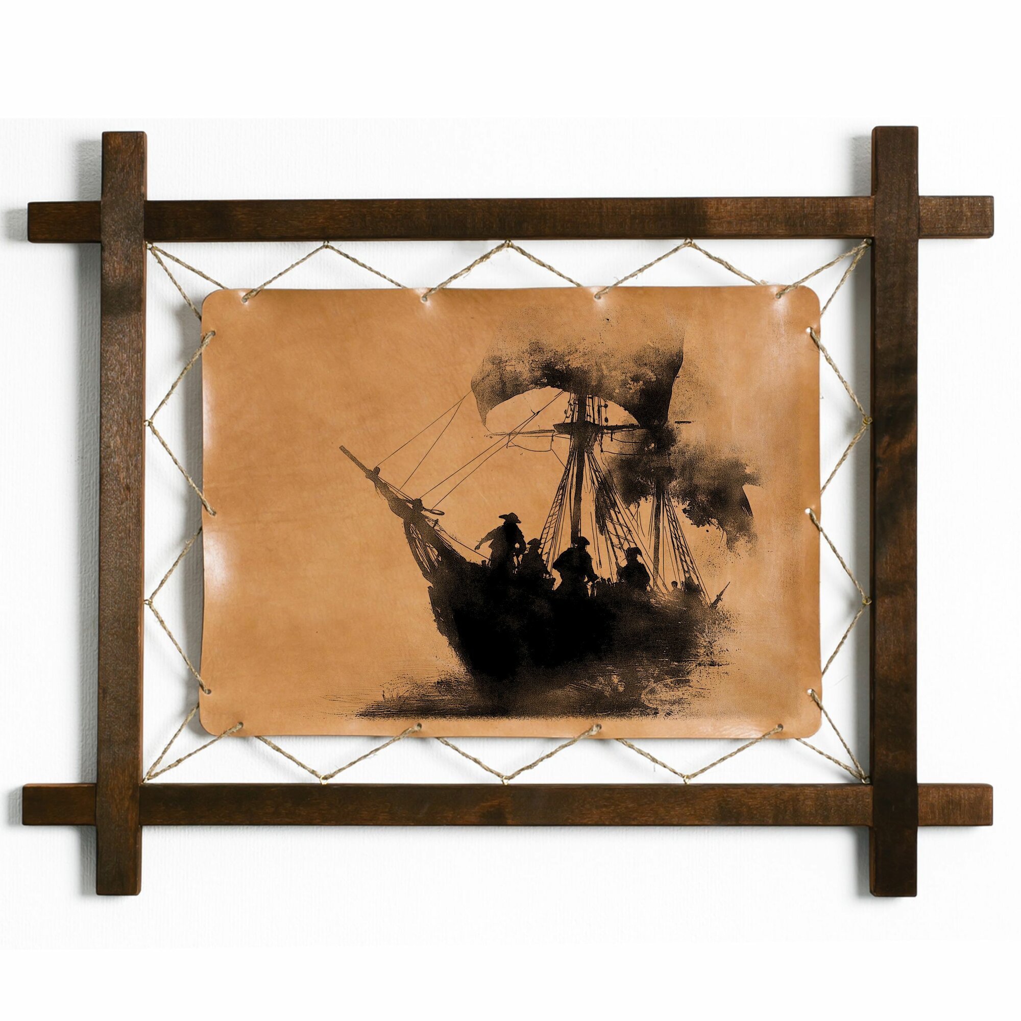 Интерьерная картина из натуральной кожи "Фрегат с пиратами", декоративное настенное панно в деревянной раме, BoomGift