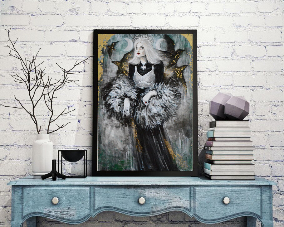 Картина "Снежная Королева с воронами", холст, акрил, поталь, 50x70 см