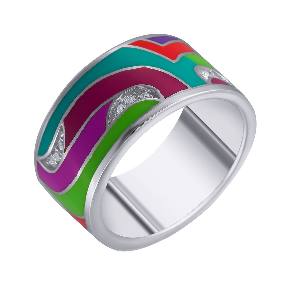 Кольцо, серебро, 925 проба, фианит, эмаль
