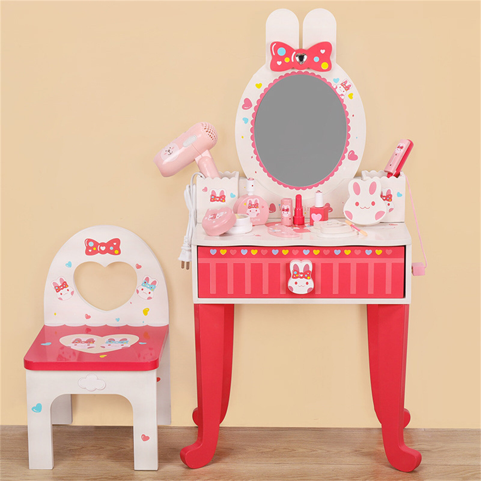 Детский туалетный столик с мультяшным рисунком, аксессуары для макияжа, игрушечный столик для косметики с ножкой и стулом.