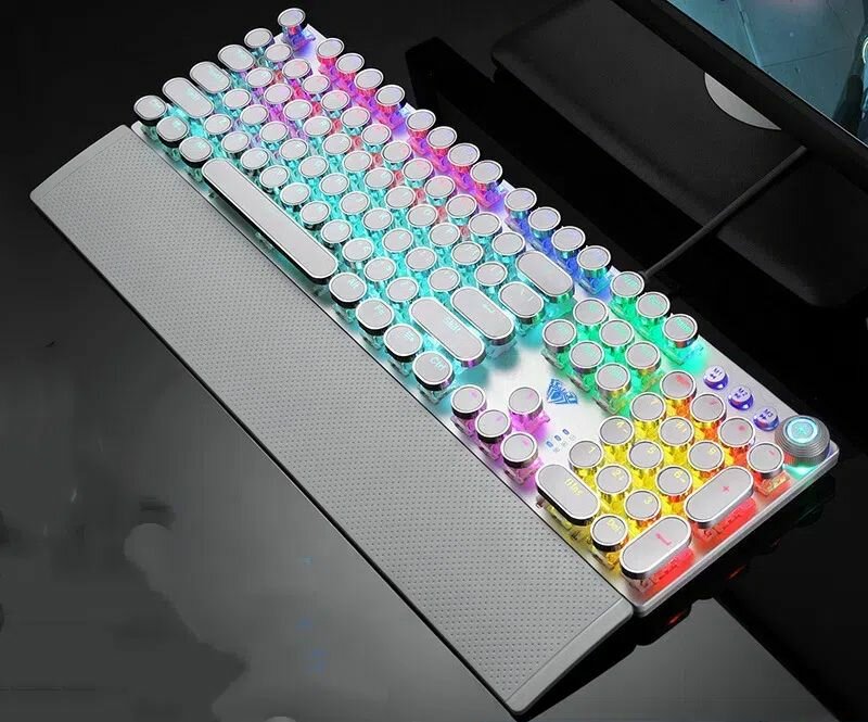 Механическая клавиатура для игр F2088 Typewriter Style , RGB-подсветка + съемная магнитная подставка + медиарегулятор , Ретро-панк дизайн с круглыми ключами , USB-подключение