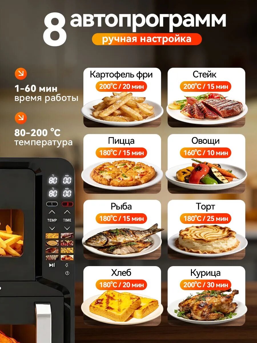 Аэрогриль с двумя чашами вертикальный 12 л, двухъярусный аэрогриль с двумя тэнами 2800 Вт, 8 автоматических программ