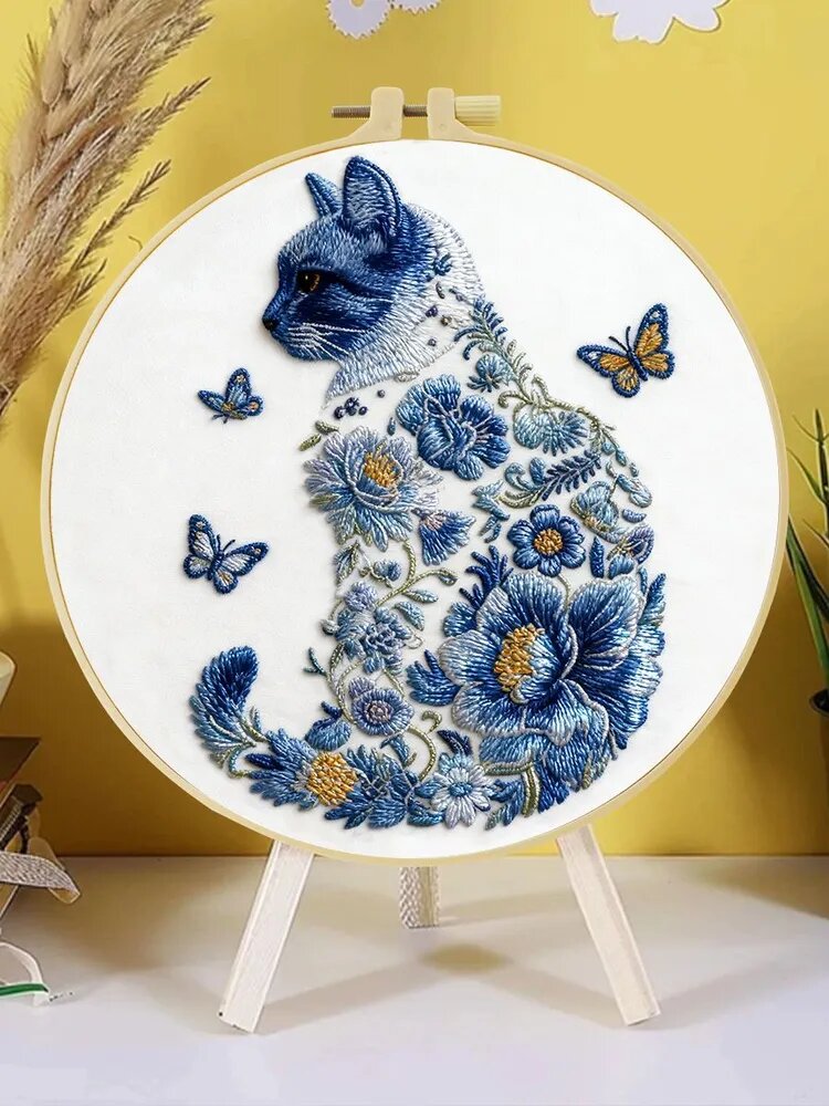 Набор для вышивания,20X20CM, подходит для начинающих, Синяя цветочная кошка