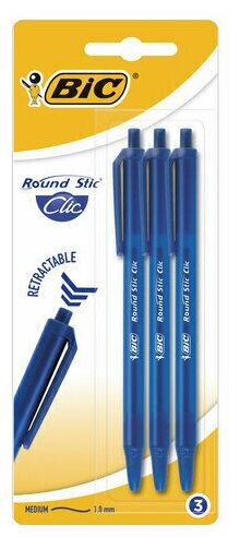 5 шт, Ручки шариковые автоматические BIC "Round Stic Clic", набор 3 шт, синие, линия письма 0,32 мм, блистер, 926374