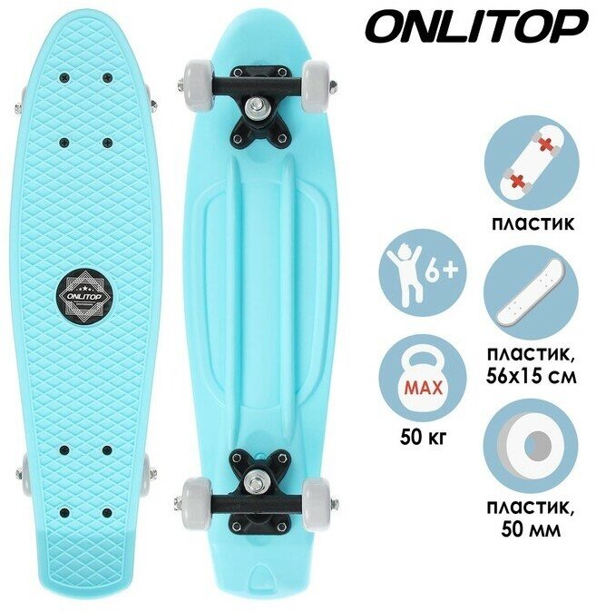 Пенниборд ONLITOP, 56×15 см, колёса PVC 50 мм, пластиковая рама, цвет голубой