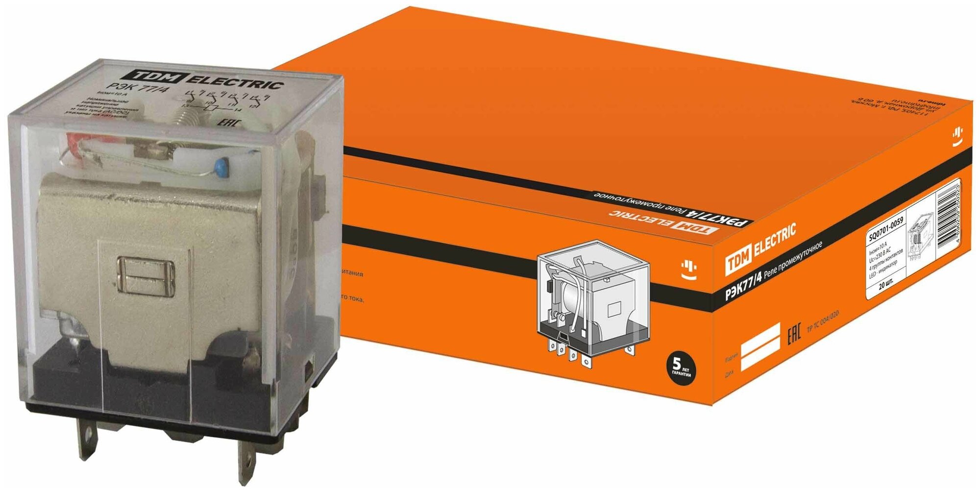 Реле РЭК77/4 с инд. 10А 230В AC TDM ELECTRIC {SQ0701-0059} (1 шт)