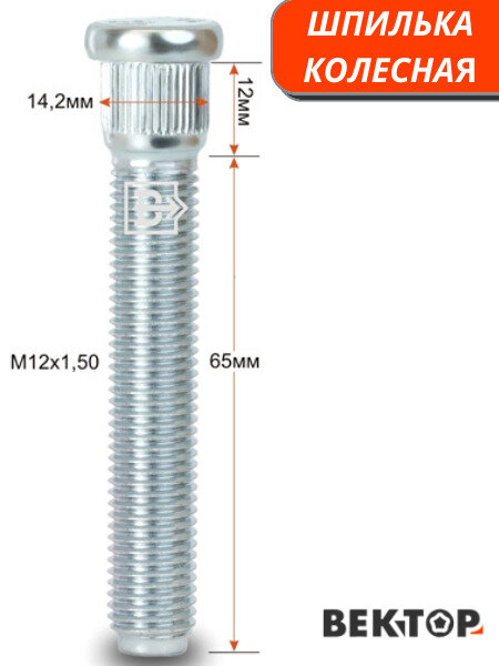 Шпилька колесная забивная M12X1,50 (Lрезьб. части 65мм, Dзабив.14,2мм, Lзабив.12мм) Цинк, 10 шт