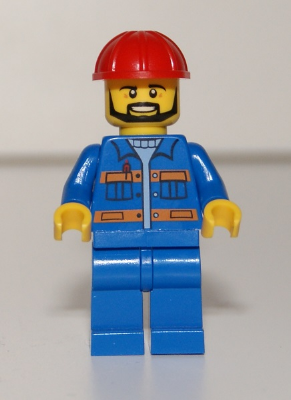 Минифигурка Lego con012 Blue Jacket with Pockets and Orange Stripes, Blue Legs, Red Construction Helmet, Black Angular Beard