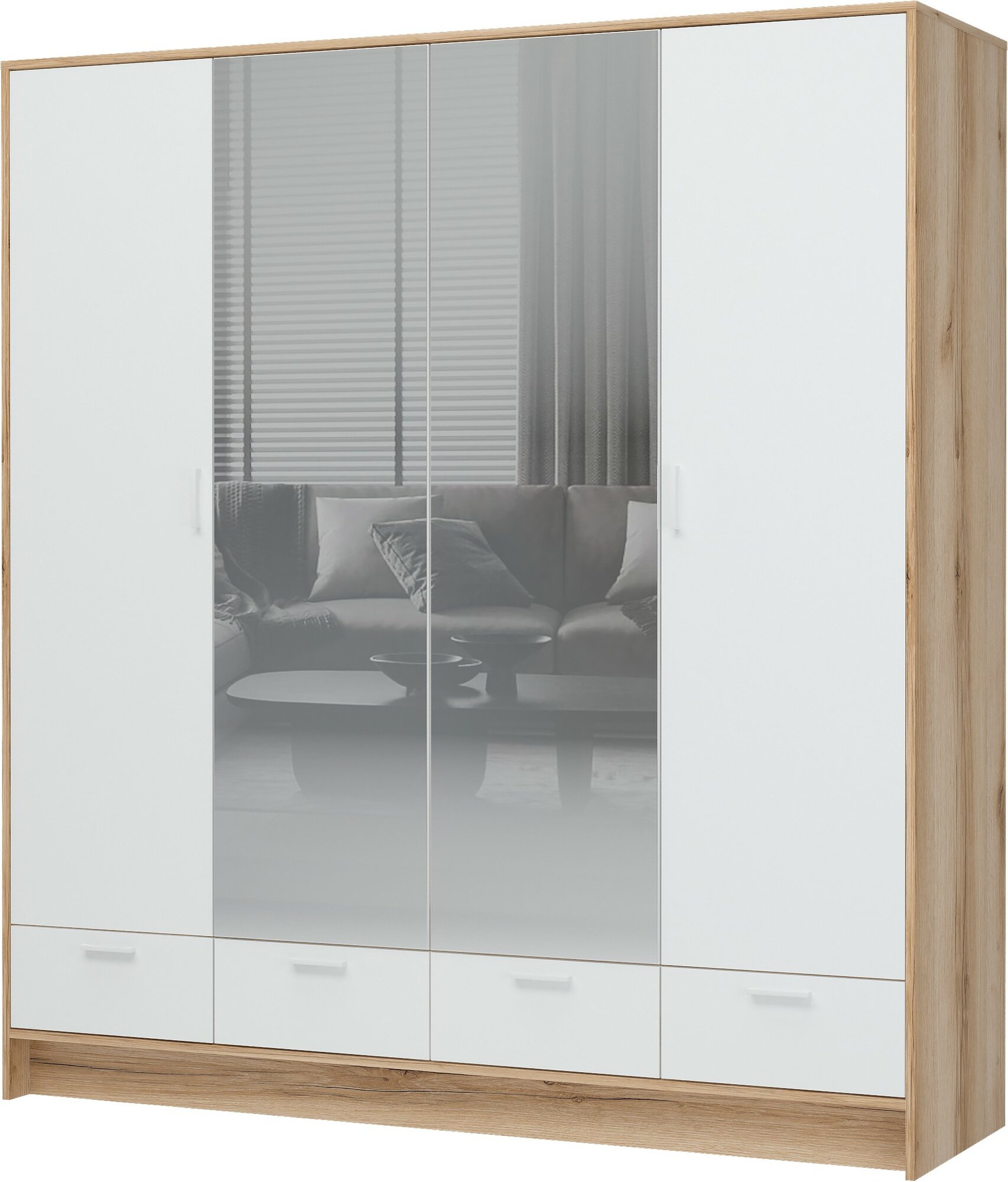 Шкаф для одежды с зеркалом ирис ШК-04 183,5х200х55 см, цвет дуб крафт золото/белый