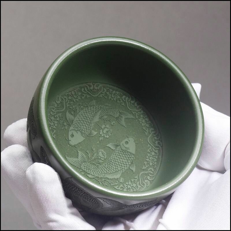 Пиала из натурального нефрита с ручной гравировкой Карпы Кои, Чайная чаша из камня", 110 мл,
