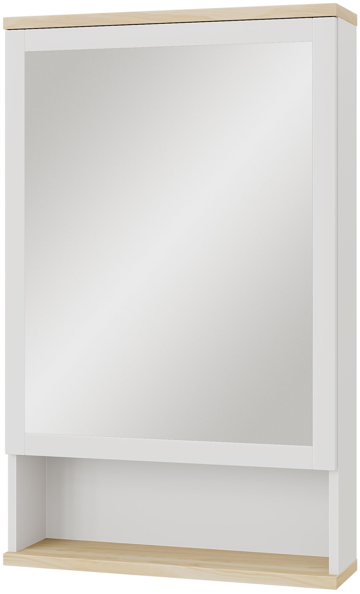 Шкаф с высоким зеркалом на эмали и открытой полкой из массива ясеня 61х98х16 (ШхВхГ)