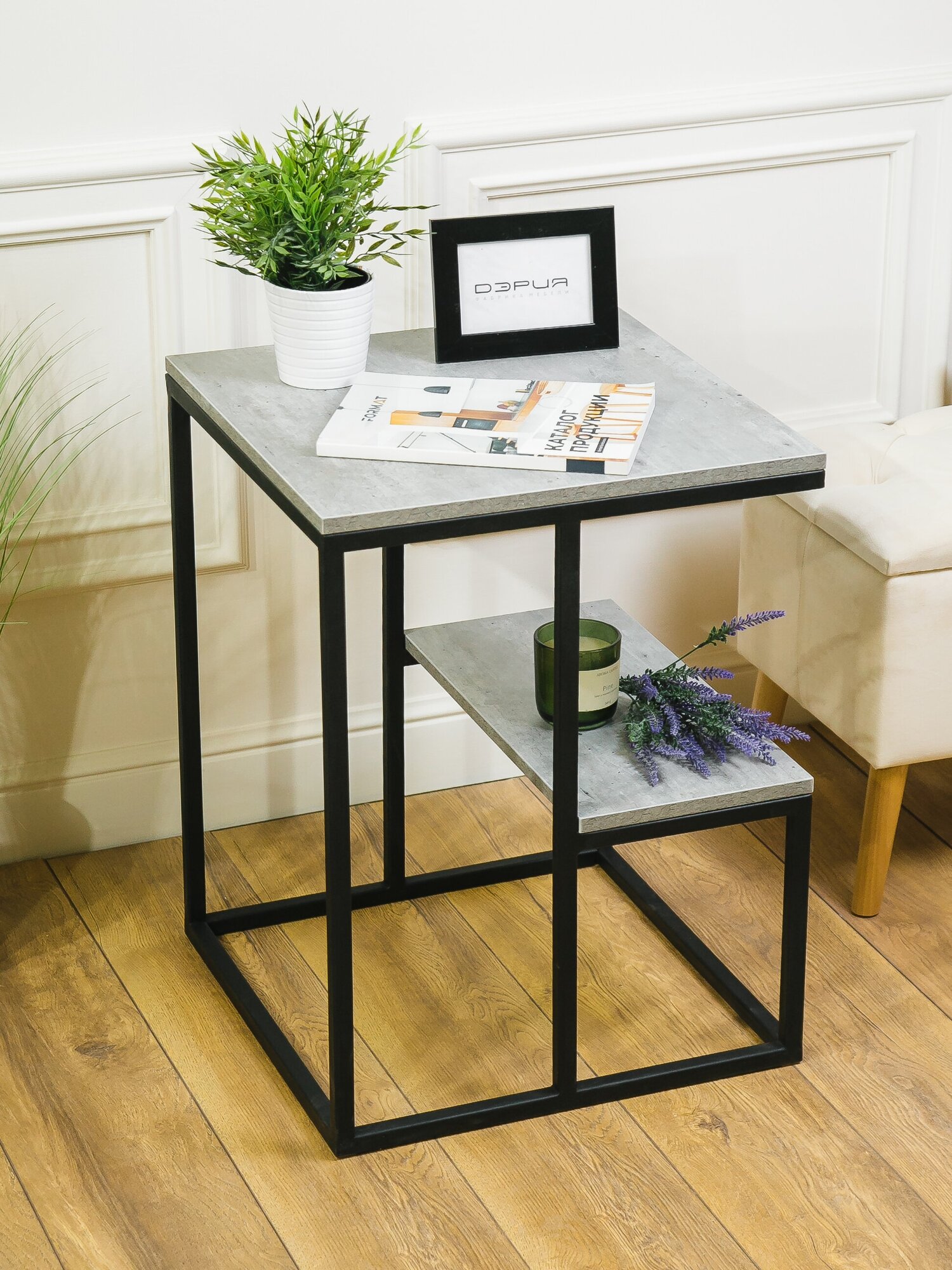 Стол журнальный квадратный с железной ножкой, серый мрамор, 50х50х66
