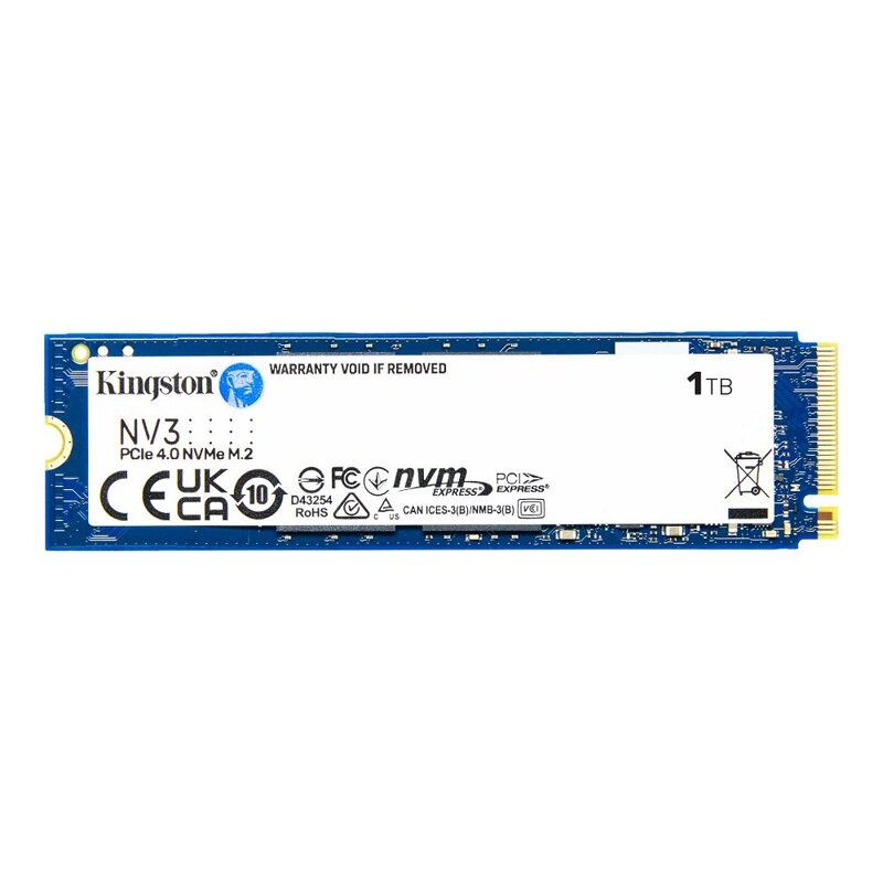 Твердотельный накопитель Kingston SSD NV3, 1000GB, M.2(22x80mm), NVMe, PCIe 4.0 x4, 3D TLC, R/W 6000/4000MB/s, TBW 320, DWPD 0.3 (12 мес)