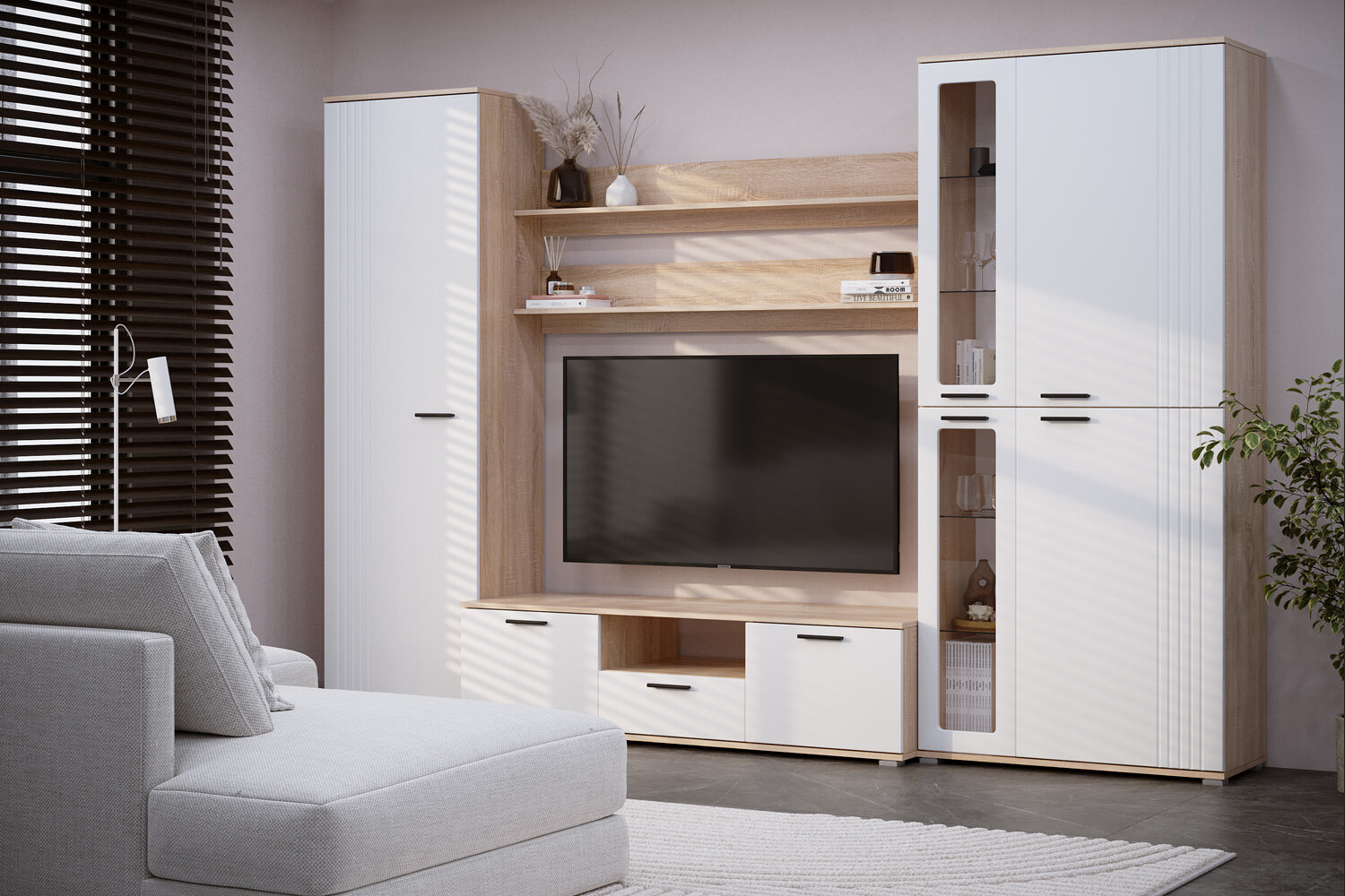 Стенка для гостиной Hoff Интеро, 300х202х50 см, белый матовый, дуб Сонома