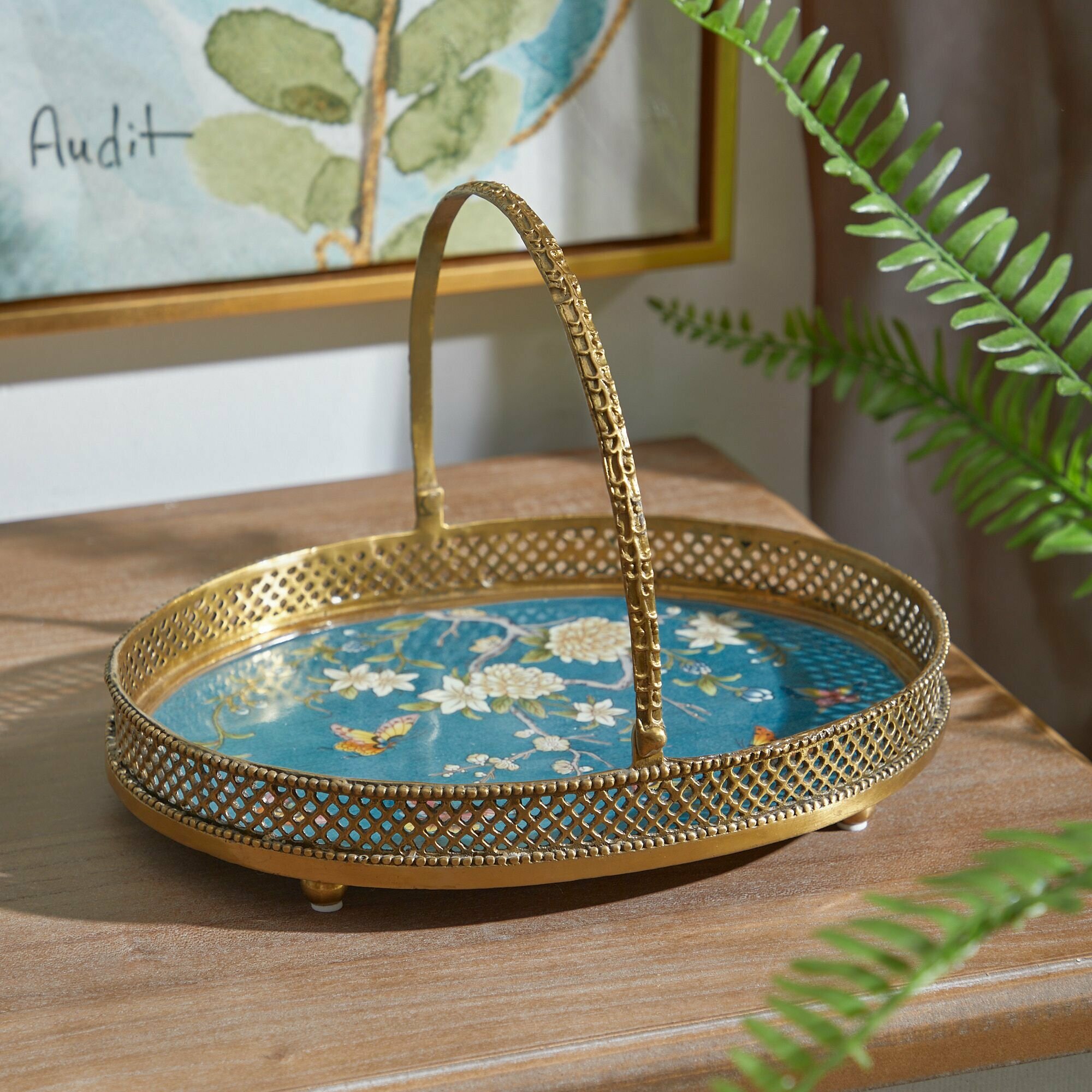 C385FC/HGD2135 Блюдо с ручкой 25х20х18см, Фарфор, бронза, голубой, Glasar