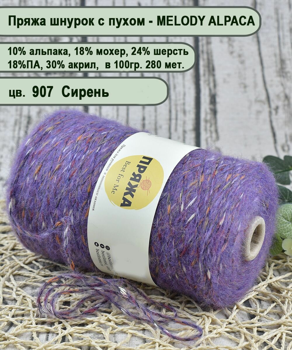Пряжа на бобине MELODY ALPACA, 10% альпака, 24% шерсть, 18% мохер, 18/30, 100гр. 280 мет. цв. 907 сирень (вес 400гр.)