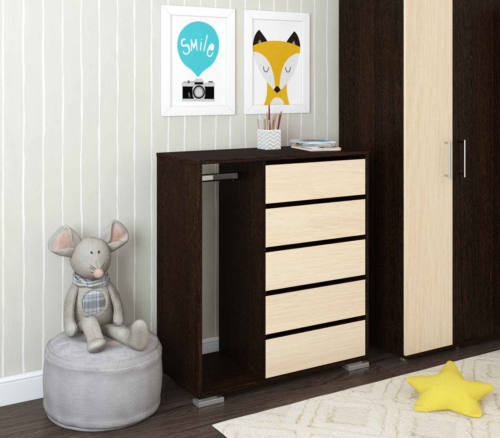 Шкаф, комод, шкаф-комод с ящиками, со штангой Есэндвич Лаворо, 90x43х102 см, правый (Венге/Выбеленный Дуб)