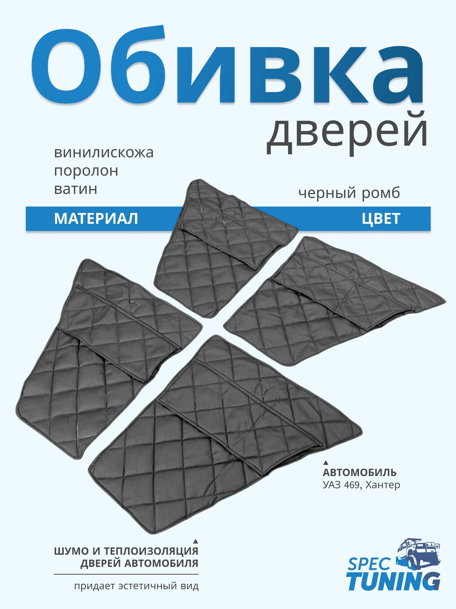 Обивка дверей УАЗ 469 и Хантер чёрный ромб 4 шт (в/кожа, поролон, ватин)