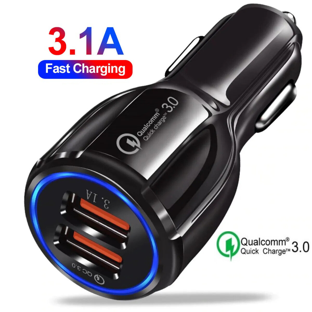 Автомобильное зарядное устройство (АЗУ) 6А / Быстрая зарядка QC 3.0, 2USB х 3.1 А / Блок питания черный