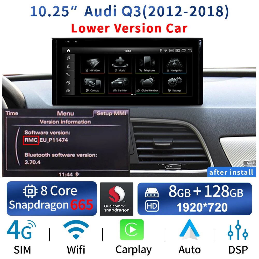 8-ядерная автомобильная мультимедийная стереосистема Android 13 для Audi Q3 Google WIFI 4G SIM 8 + 128 ГБ ОЗУ IPS Сенсорный экран GPS Navi Carplay