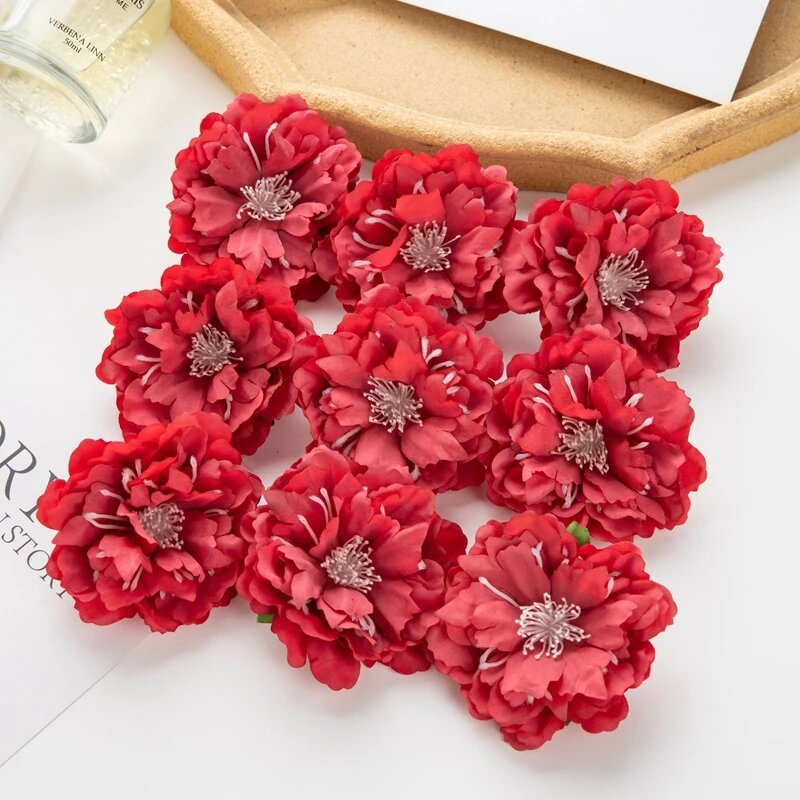 Искусственные шелковые цветы пионов, набор из 10 штук Красный, бордовый