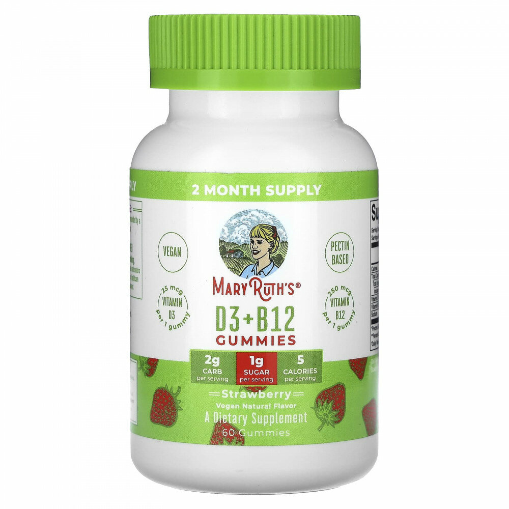 MaryRuth's, D3 и B12, жевательные конфеты, со вкусом клубники, 60 жевательных конфет