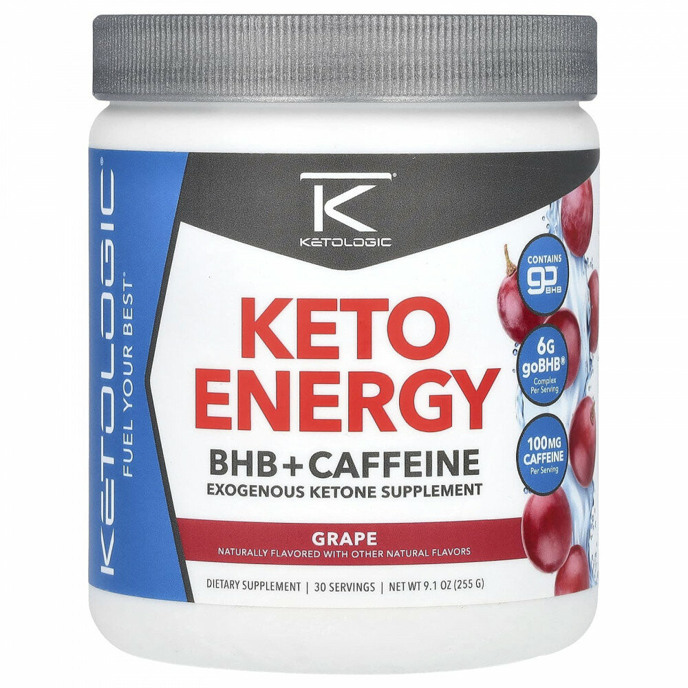 KetoLogic, Keto Energy, BHB с кофеином, со вкусом винограда, 255 г (9,1 унции)