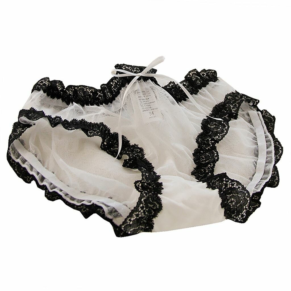 (1 пара) Белые трусики с черной отделкой из японского кружева с бантиком - 620C4-L