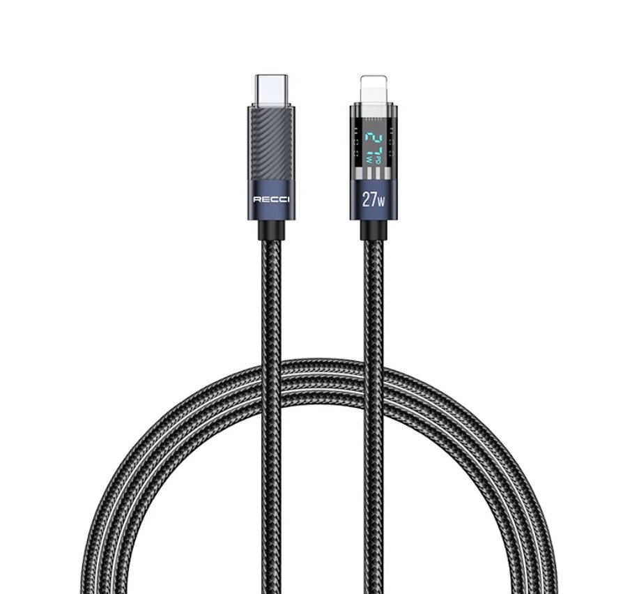Кабель для быстрой зарядки Recci Crystal Display Fast Charging, Type-C to Lightning, PD 27W, 120 см, Полуночно-Синий