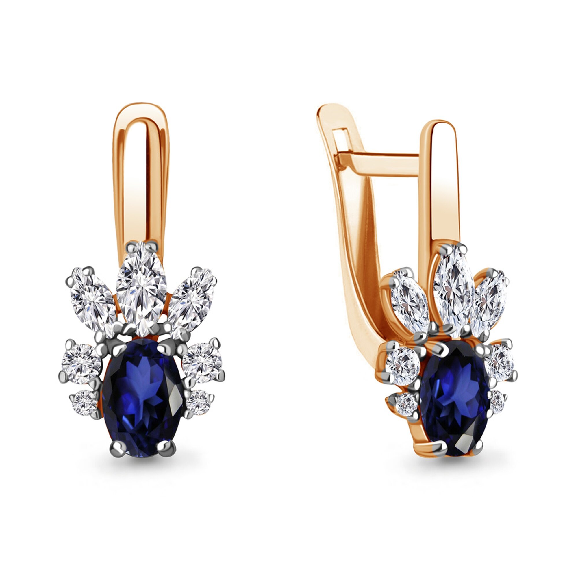 Серьги, серебро, 925 проба, золочение, фианит, сапфир синтетический