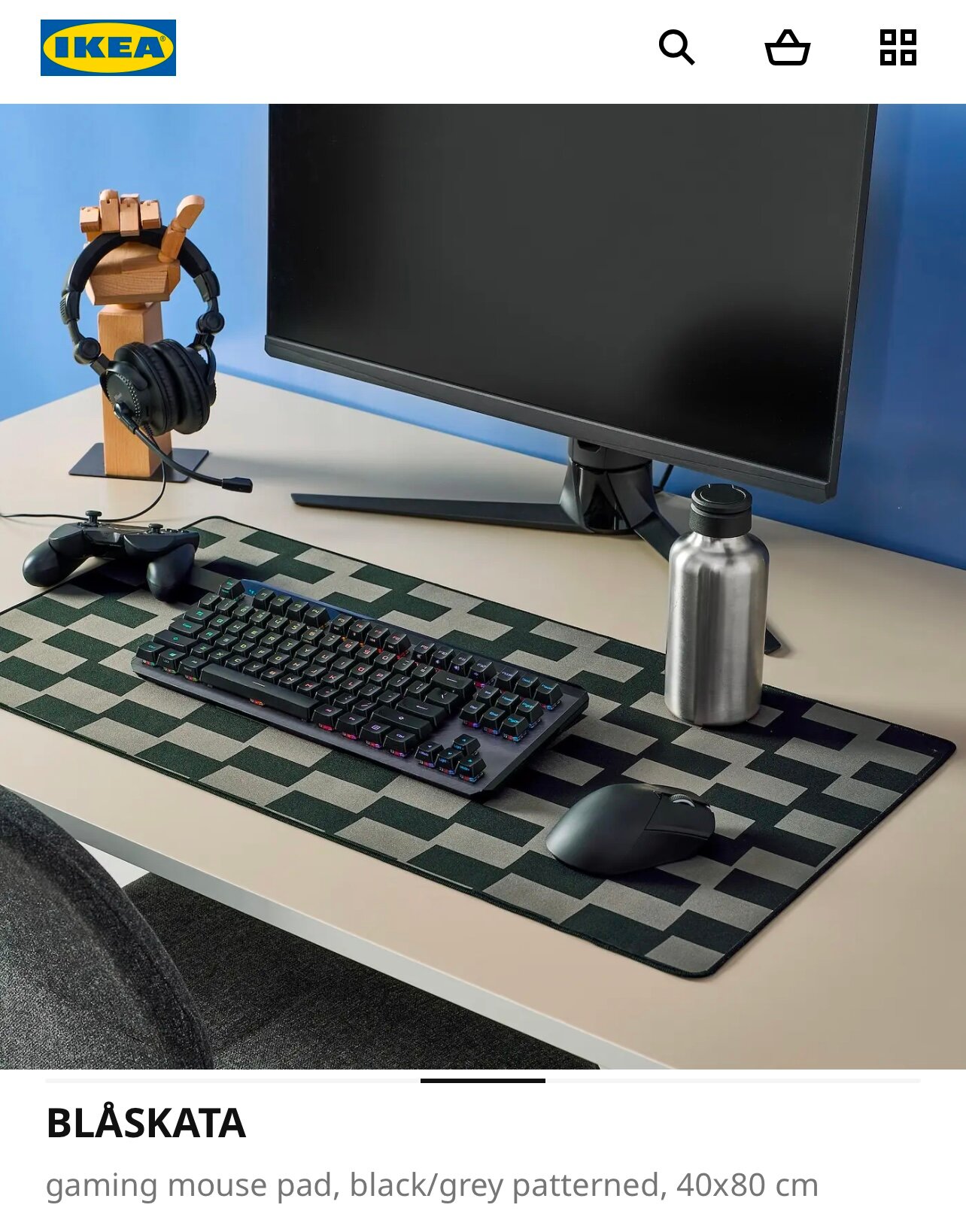 Игровой коврик для мыши IKEA BLÅSKATA, черный/серый узор, 40x80 см