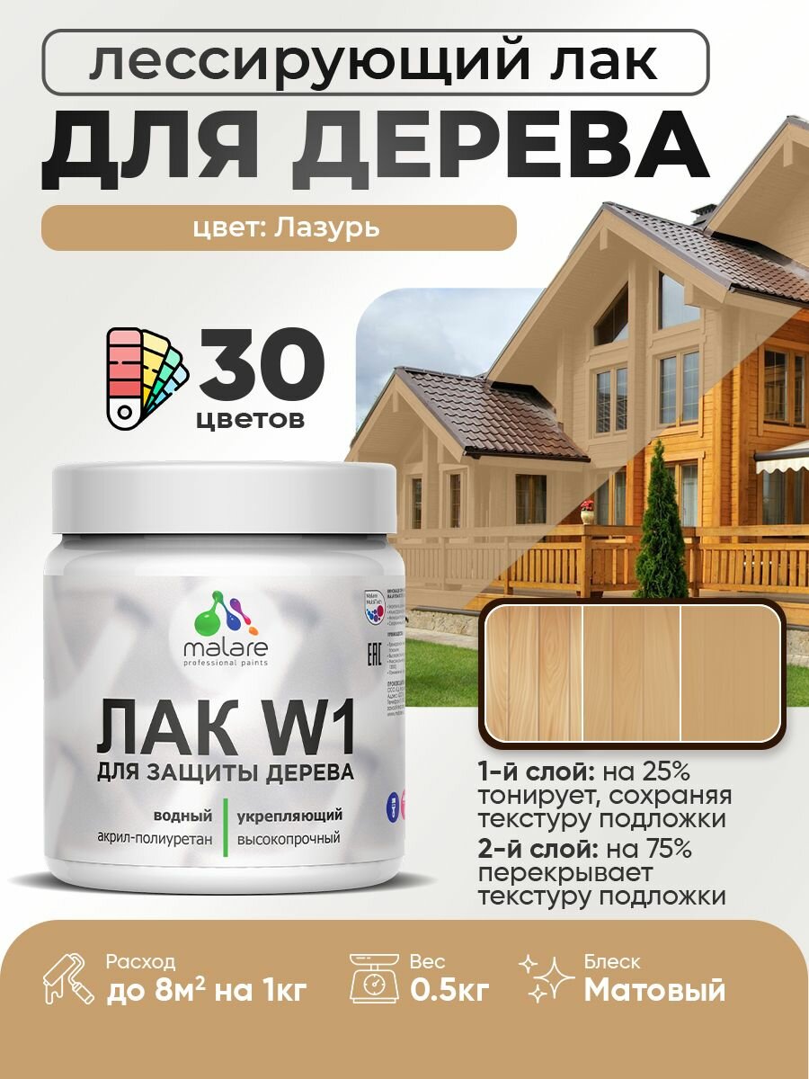 Лак колерованный тонирующий для дерева Malare W1 для деревянных и минеральных поверхностей, моющийся без запаха быстросохнущий, матовый, лазурь, 0.5 кг.