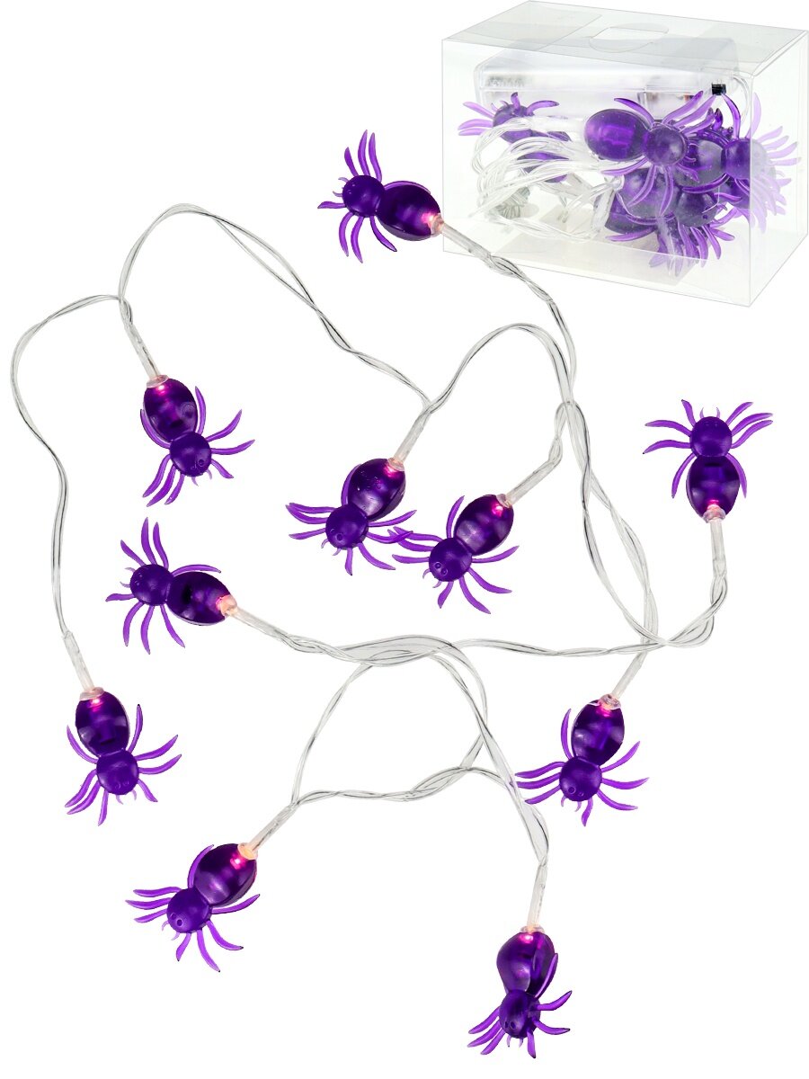 Гирлянда Miland "Паучки", на батарейках, с насадками, 1,65 м, 10 LED, фиолетовая (ГН-6858)