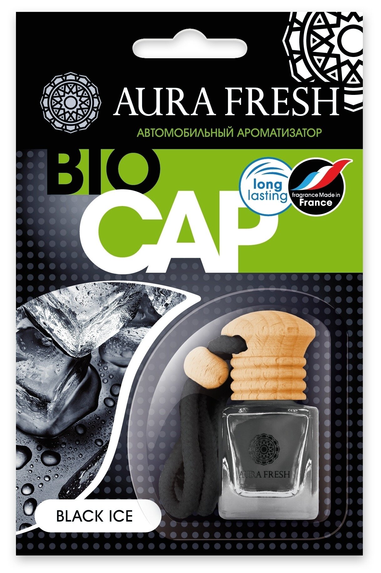Ароматизатор автомобильный Aura Fresh / Аура Фреш Bio Cap Black Ice подвесной, черный лед, 6мл / автотовары