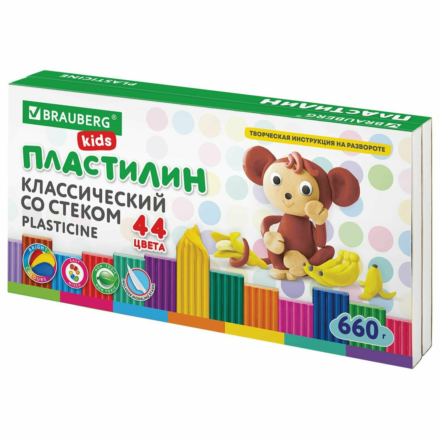 Пластилин Brauberg классический, Kids, 44 цвета, 660 г, стек, Высшее качество