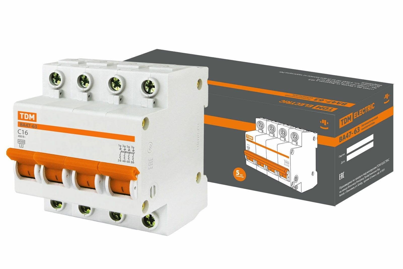 Автоматический выключатель ВА47-63 4Р 16А 4,5 кА тип С TDM Electric